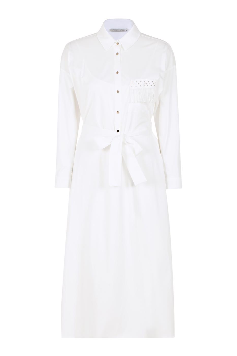 Erlan Rahat Kalıp Gömlek Yaka Diz Altı Beyaz Renk Elbise - Perspective